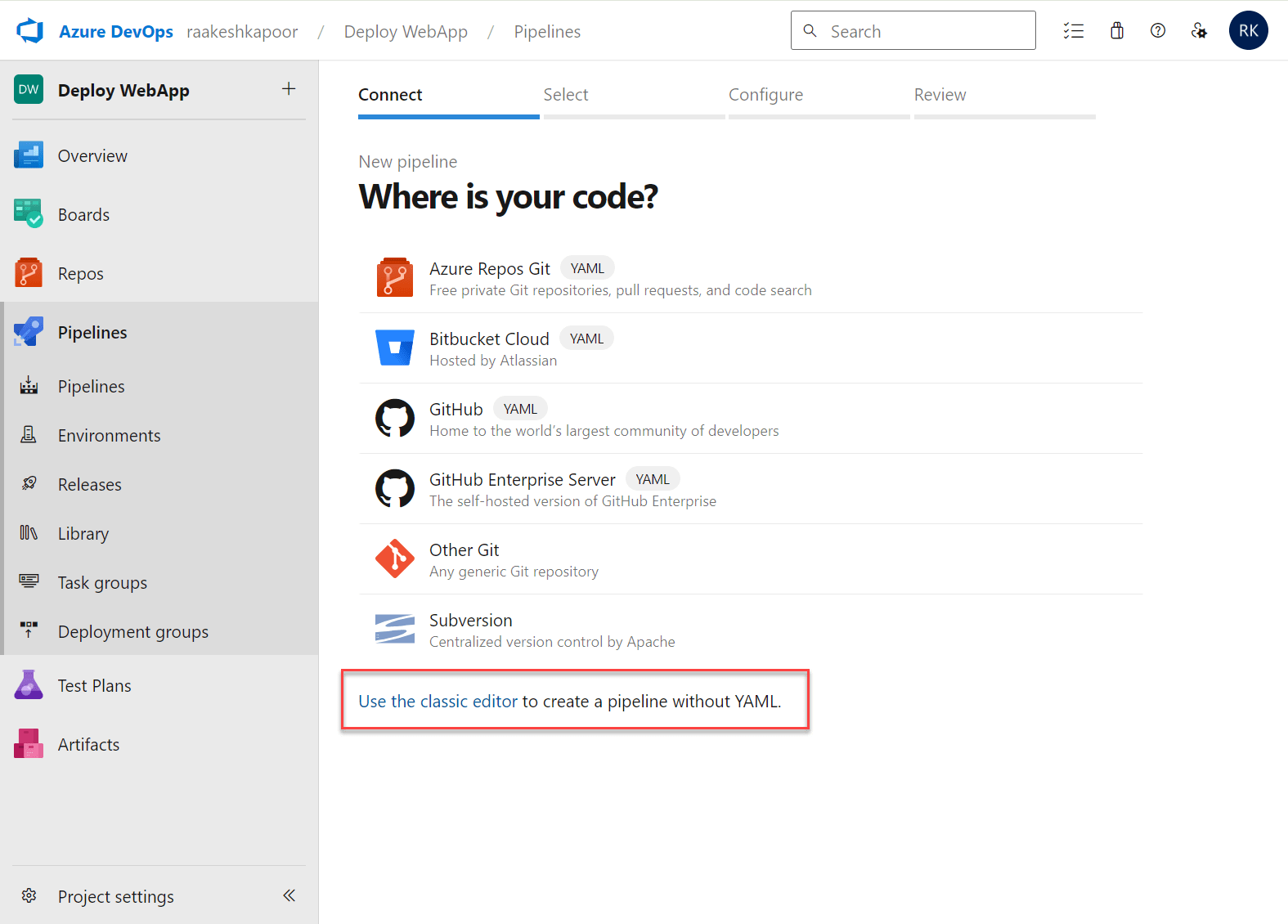 Azure DevOps Pipeline Classic Editor Option Not Available